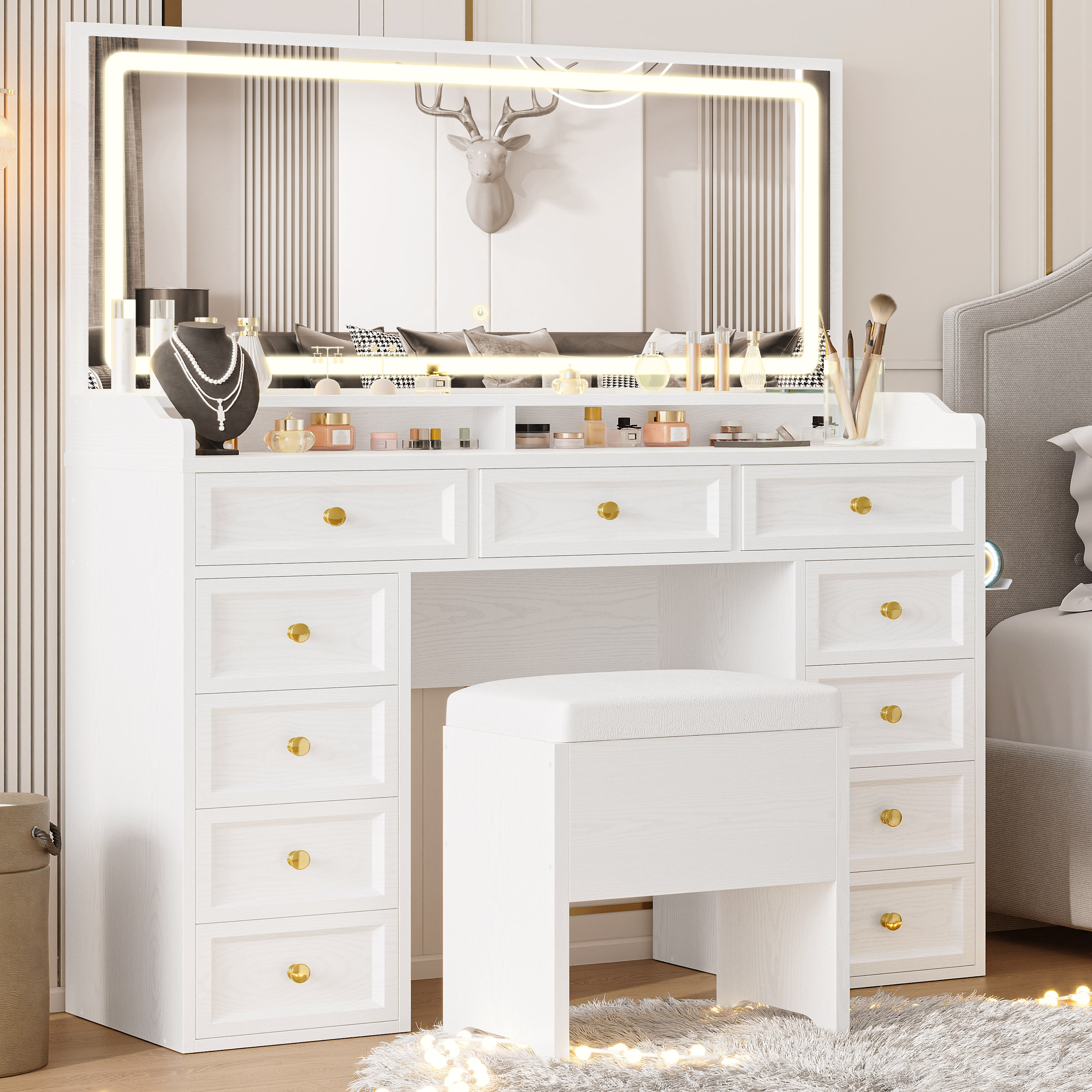 Everly Quinn Vanity Desk with 11 Drawers and Large Led Lighted Mirror, 47" Large Makeup Vanity ...